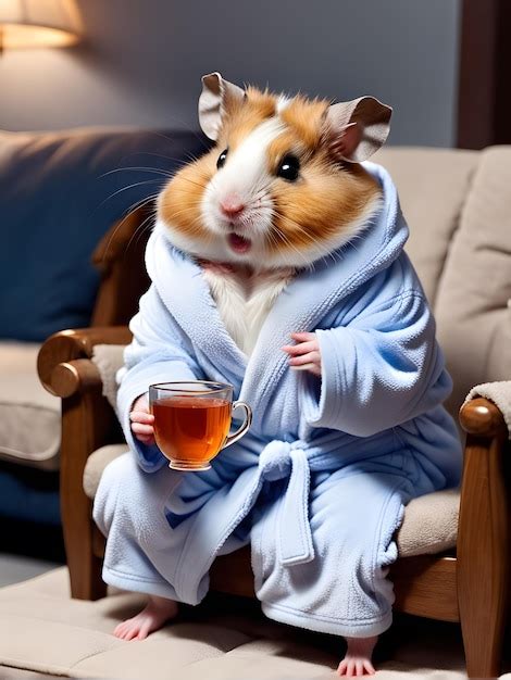 Premium Ai Image Hamster In Pajamas On The Sofa Drinking Tea