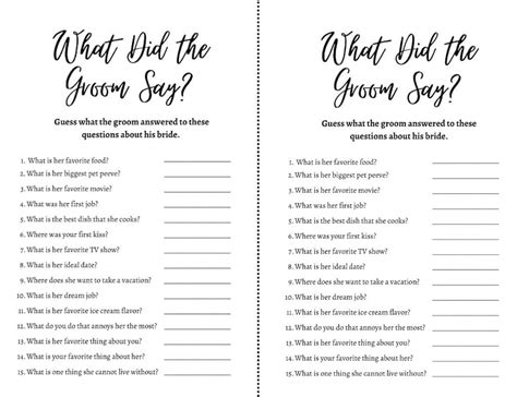 What Did The Groom Say Bridal Showerparty Game Game Sheets 2 Per