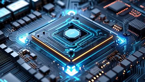 Advanced Cpu Microchip With Futuristic Circuitry Glowing Blue Neon Lights Stock Illustration