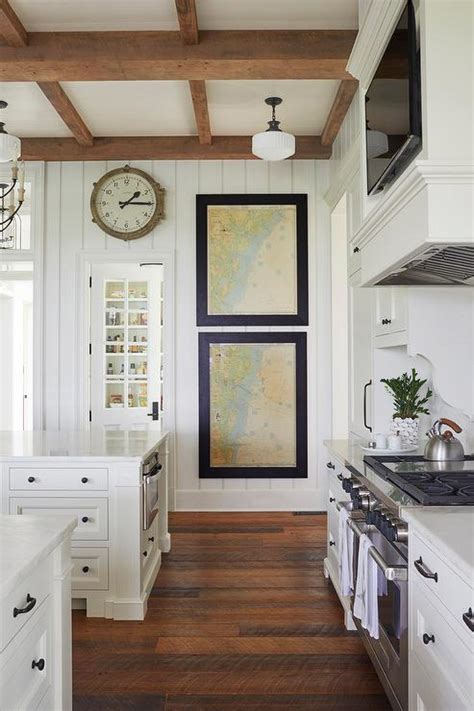 White Ceiling With Stained Wood Beams Cottage Kitchen