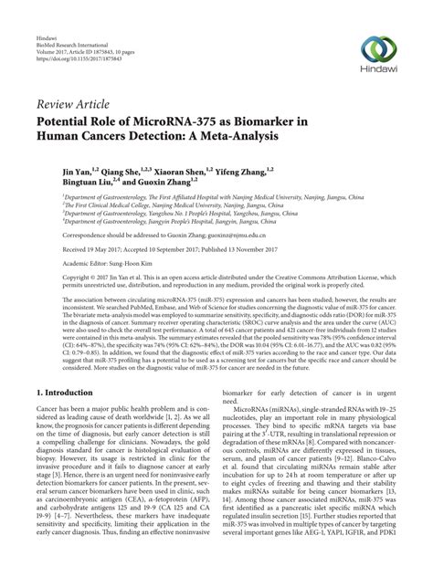 Pdf Potential Role Of Microrna 375 As Biomarker In Human Cancers Detection A Meta Analysis