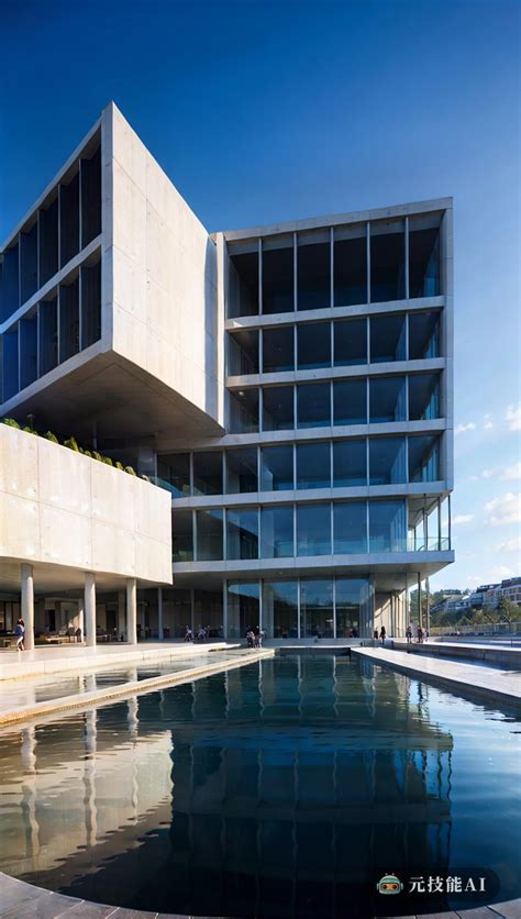 Ai提示词：一个建筑设计必须具有某些特征，使其具有独特性和视觉吸引力。市政厅就是这样一个例子，它漂浮在水面上，为其整体美学增添了一种水生的感觉。它的野兽派和纪念性设计，与陶瓷相结合，使它看起来