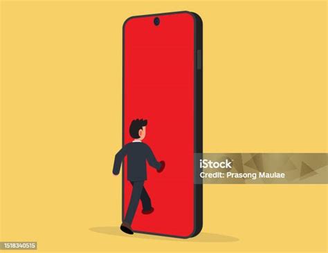연결 기술 중독 사업가가 전화기 화면으로 걸어 들어온다 Brand Name Smart Phone에 대한 스톡 벡터 아트 및 기타