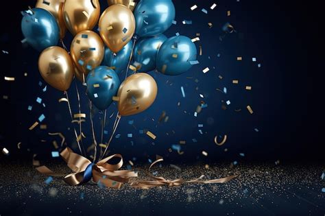 Premium Photo A Bunch Of Blue And Gold Balloons And Streamers