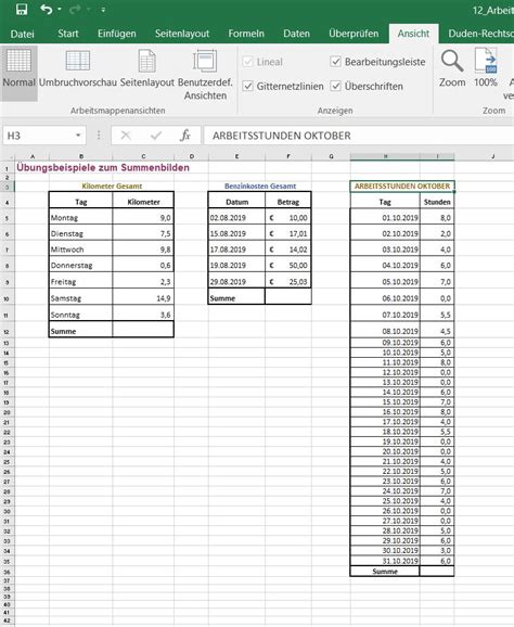 Arbeitsblatt Vorlage Übungsbeispiele Zum Summenbilden Excel Learn