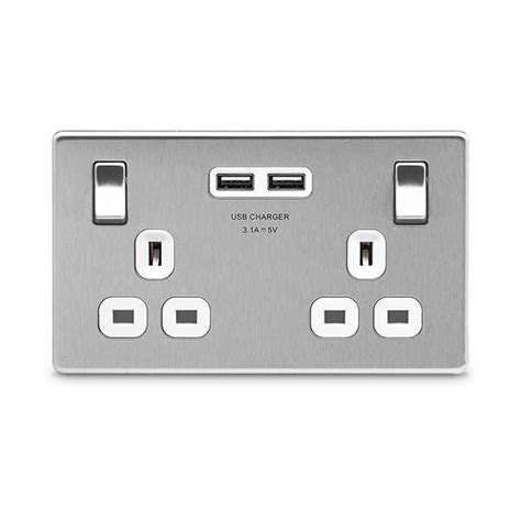 Bg Nexus Flatplate Screwless Brushed Steel 2 Gang 13a Switched Socket With Dual Usb Outlet And