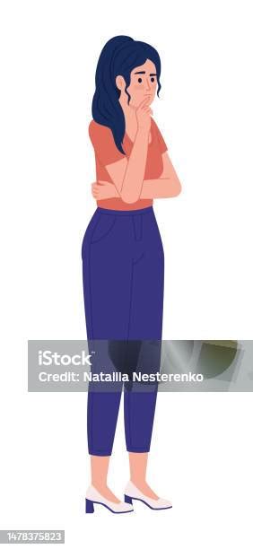 생각에 서 있는 예쁜 여자 포즈 세미 플랫 컬러 벡터 캐릭터 인물 사진에 대한 스톡 벡터 아트 및 기타 이미지 인물 사진