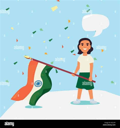 Woman With Flag Confetti Celebration Indian Happy Independence Day Vector Illustration Stock