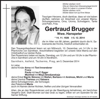 Traueranzeigen Von Gertraud Brugger Trauer Bz