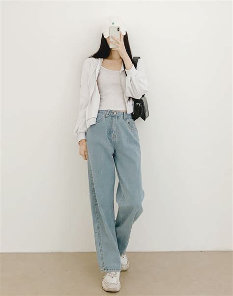 하이 웨스트 블루 진 데님 와이드 스트레이트 일자 팬츠 데일리룩 일상룩 캐주얼룩 캠퍼스룩 청바지 코디