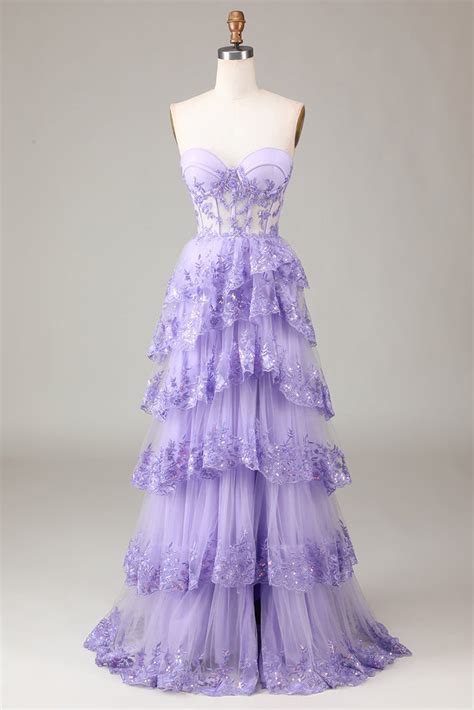 Zapakasa Women Lavender Strapless Tiered Tulle Corset Prom Dress With