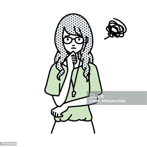 그녀의 턱에 그녀의 손가락으로 서 문제가있는 여자 교사 걱정하는에 대한 스톡 벡터 아트 및 기타 이미지 걱정하는 곱슬 머리 교사 교육 관련 직업 Istock