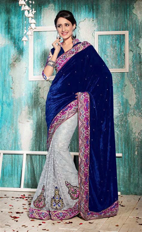 Buy Royal Blue Net And Velvet Designer Saree Online