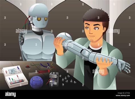 A Vector Illustration Of Scientist Man Making A Robot Stock Vector