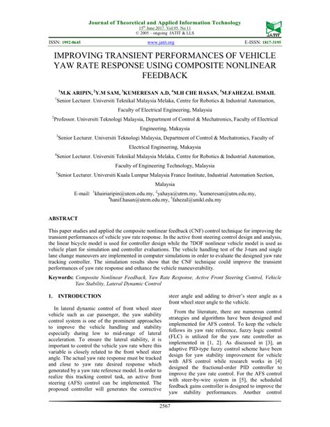 Pdf Improving Transient Performances Of Vehicle Yaw Rate Response Using Composite Nonlinear