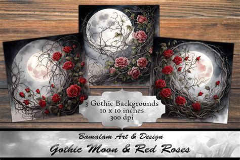 Gothic Moon And Red Rose Vine Backgrounds Graphic By The Whimsical Paper
