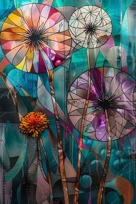 Stunning Stained Glass Dandelion Art Setprintable Wall Decor 2x3 Ratio