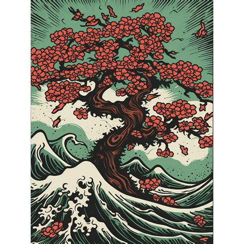 Japanese Cherry Blossom Tree And Wavy Sea Rockabilly Americana 50s