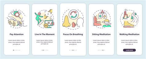 Mindfulness Exercises Onboarding Mobile App Screen Paying Attention Walkthrough 5 Steps Graphic