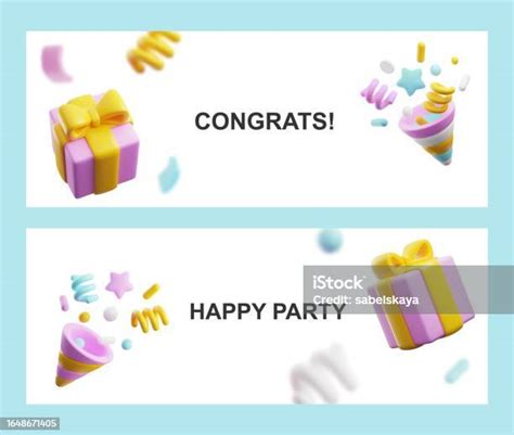 파티와 축하 배너 또는 전단지는 3d 렌더링 벡터 일러스트레이션을 설정합니다 3차원 형태에 대한 스톡 벡터 아트 및 기타 이미지