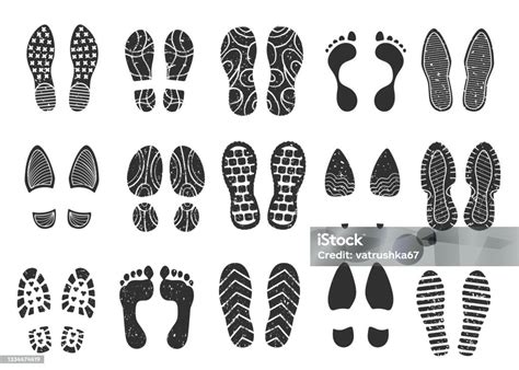 발자국 실루엣 발자국 부츠 운동화 신발 프린트 인간의 맨발 각인 더러운 신발 구두 밑글 무늬 발자국 단계 벡터 집합 발바닥에 대한 스톡 벡터 아트 및 기타 이미지 Istock