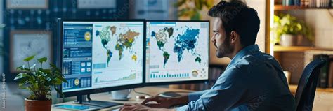 A Man Sits At A Desk In An Office Setting Analyzing Geographic Data On