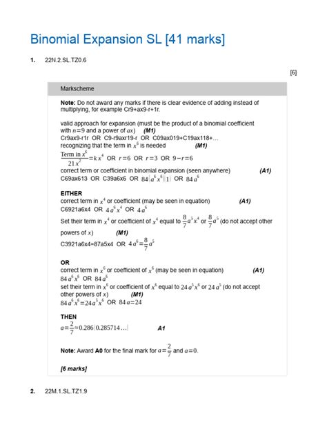 Binomial Expansion Sl Markscheme Pdf Quadratic Equation Algebra
