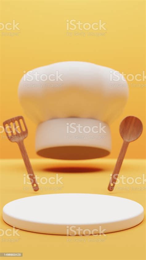 요리사 모자 주걱 및 국자가 있는 제품 진열장을 위한 연단 3d 렌더링 3d 그림입니다 3차원 형태에 대한 스톡 사진 및 기타 이미지 Istock