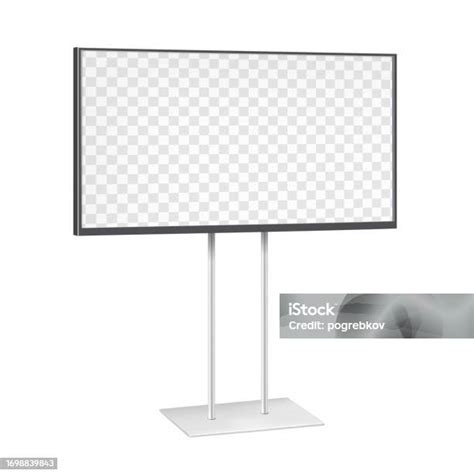 디지털 Lcd 디스플레이는 사실적인 벡터 모형을 스탠드합니다 금속 베이스 모형에 투명 스크린이 있는 대형 비디오 배너 키오스크에 대한 스톡 벡터 아트 및 기타 이미지