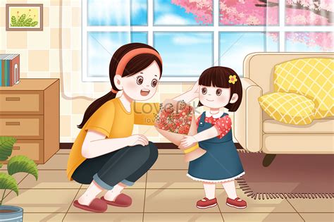 엄마에게 꽃을 보내는 어머니의 날 딸 일러스트 무료 다운로드 Lovepik