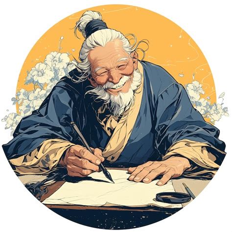 East Asian Elderly Man Practicing Calligraphy Premium AI Generated Vector