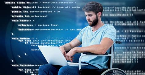 Disabled Man Typing Coding Text In Wheelchair Stock Image Image Of