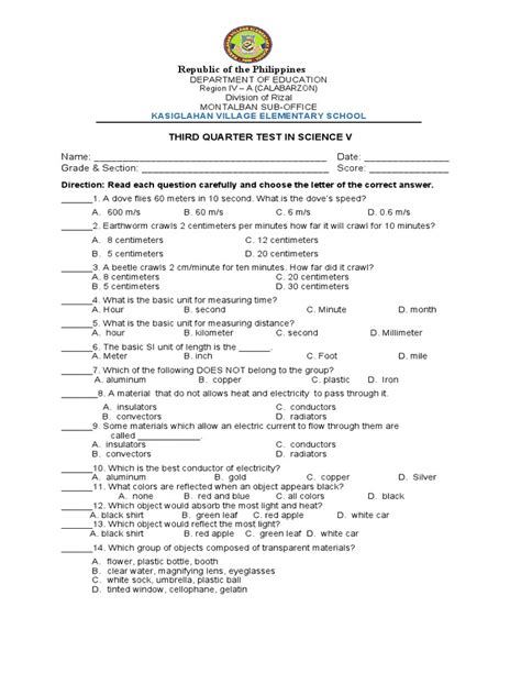 Science 5 3rd Quarter Test Pdf Electricity Wire