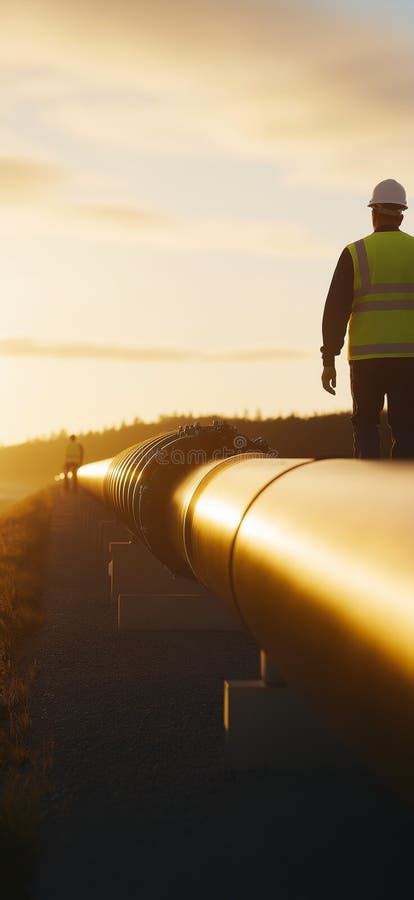 Infrastructure Worker Walking Along A Pipeline At Sunset Oil And Gas Infrastructure Stock