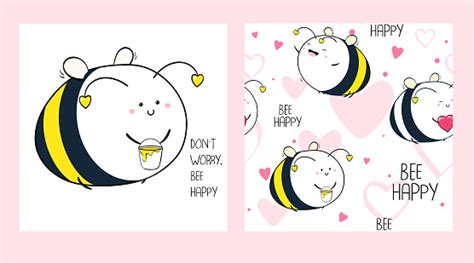 걱정 마세요 꿀벌 행복하세요 이음매 없는 패턴과 귀여운 쾌활한 뚱뚱한 꿀벌이 있는 하나의 프린트 세트 끝없는 질감은 텍스타일
