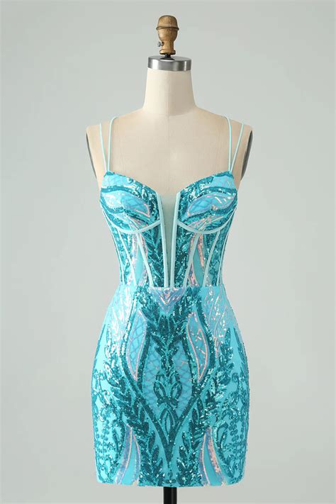 Sparkly Bodycon Spaghetti Straps Corset Homecoming Dress With Sequins