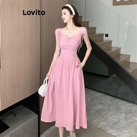 Lovito Women Casual Plain Pleated Lace Up Dress LNE50327 Shopee
