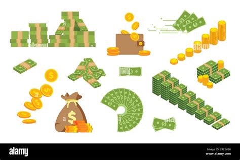 Big Set Of Green Banknotes And Gold Coins Dollar Bill Piles Bundles