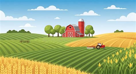 Cartoon Farm Landscape With Red Barn Silo Tractor Tilling Fields