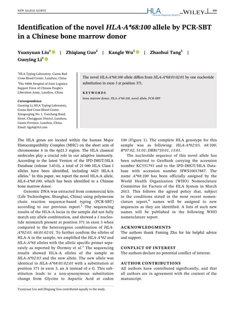 Identification Of The Novel HLAA Allele By PCRSBT In A Chinese Bone Marrow Donor