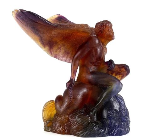 Daum Nancy Pate De Verre Art Glass Sculpture Male Nude Angel On Rock