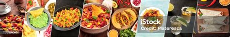멕시코 음식 콜라주 다양한 텍스 멕스 요리의 파노라마 칠리 콘 카른 나초 부리토 등 라틴 아메리카 요리 배너 멕시코 음식에 대한 스톡 사진 및 기타 이미지 Istock