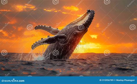 Majestic Humpback Whale Breaches The Ocean Surface Against A