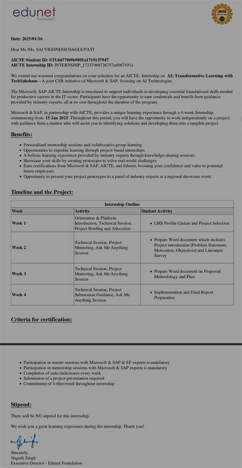 Selected For A 4 Week Aicte Internship Ai Transformative Learning With Techsaksham A