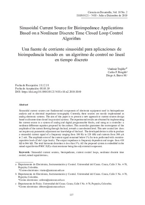 Pdf A Sinusoidal Current Source For Bioimpedance Applications Based On A Nonlinear Discrete