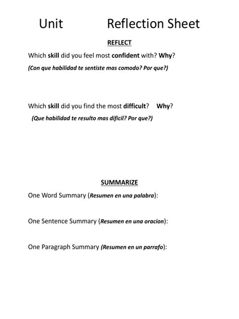 Unit Reflection And Summarize Sheet Pdf