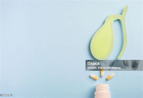 Gallbladder Decorative Model With Pills On Pastel Blue Background Cholecystitis Or Biliary
