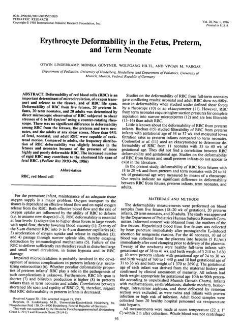 Pdf Erythrocyte Deformability In The Fetus Preterm And Term Neonate