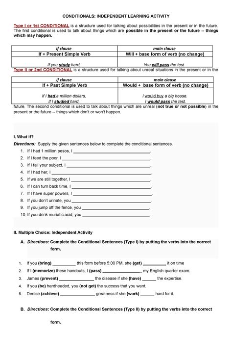 Conditional Statement Test Conditionals Independent Learning