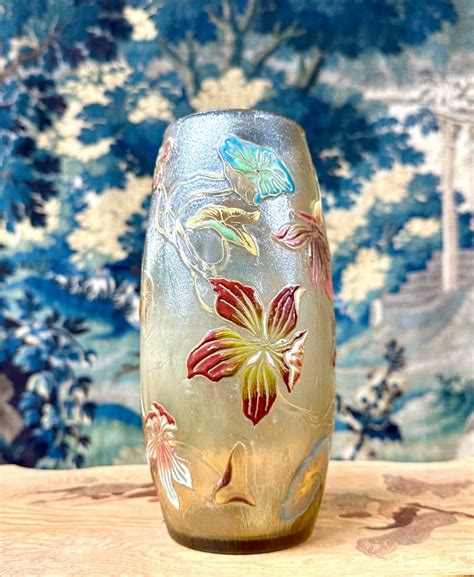 Proantic émile Gallé Cristallerie Enameled Glass Vase With Abutilo